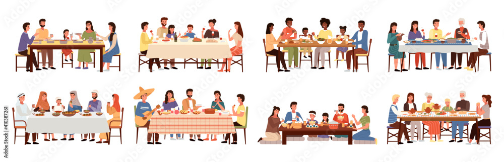 Set of illustrations on the theme of people eating. Dishes of world ...