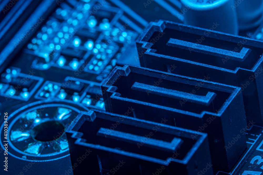 High tech dark background with elements of a computer motherboard in ...