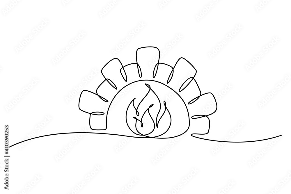 Fire in wood-burning stove in continuous line art drawing style ...
