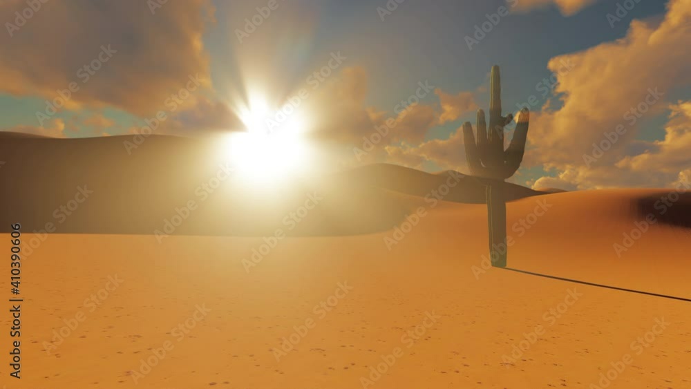 Animated realistic desert sunrise with god rays and cactus. HQ ...