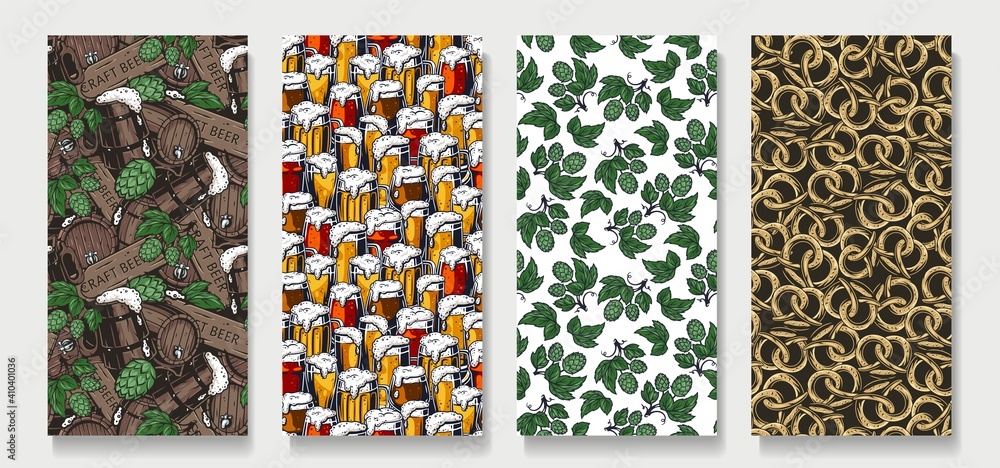 Trendy Seamless Beer Patterns Set Of Brewing Backgrounds For Oktoberfest Endless Texture With