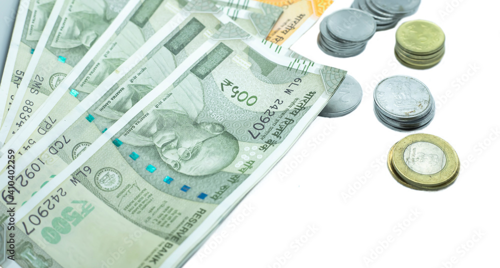 Indian Currency Rupee Notes and Coins Stock Photo | Adobe Stock