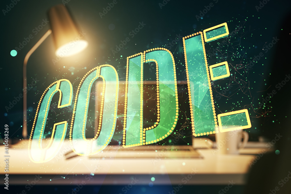 Creative Code word hologram on modern computer background, artificial ...