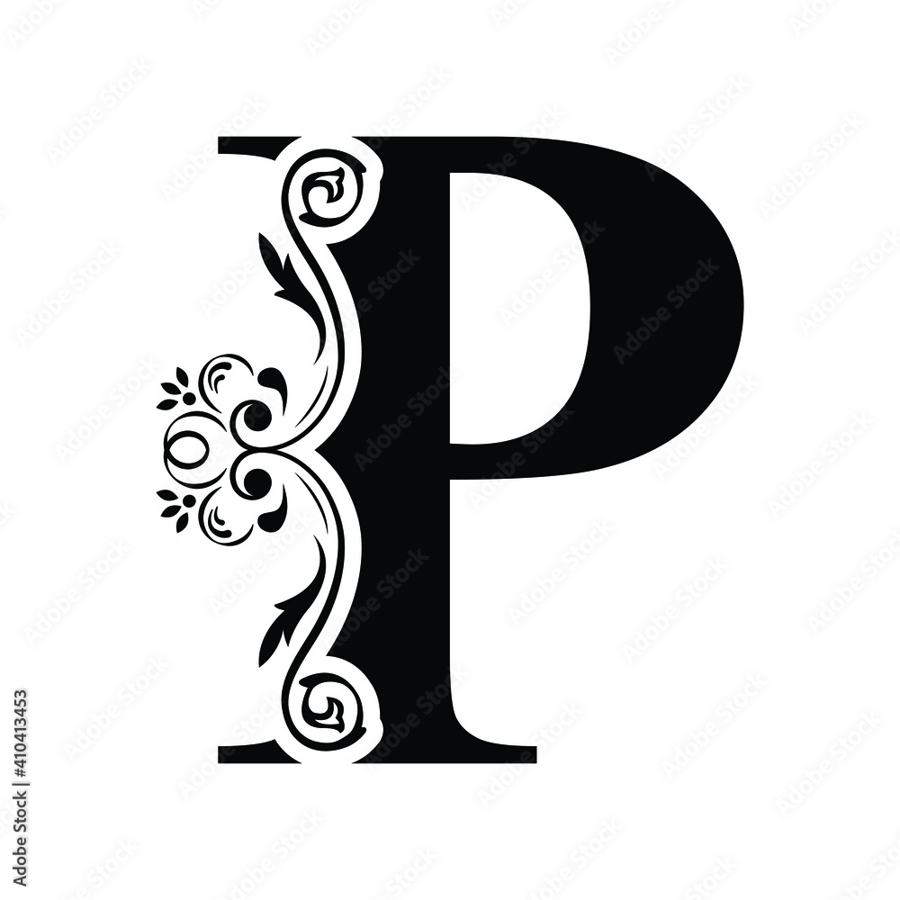 letter P. Black flower alphabet. Beautiful capital letters with shadow ...