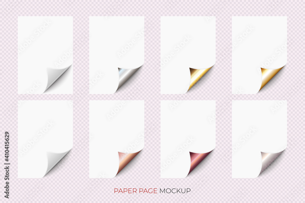 Set of Realistic pages of A4 paper with curled corner on transparent ...