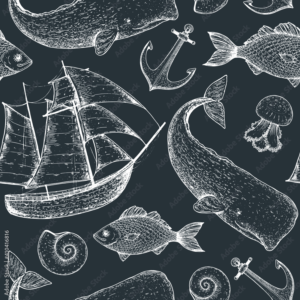 Nautical seamless pattern. Sailboat, fish, sperm whale, anchor, shell ...