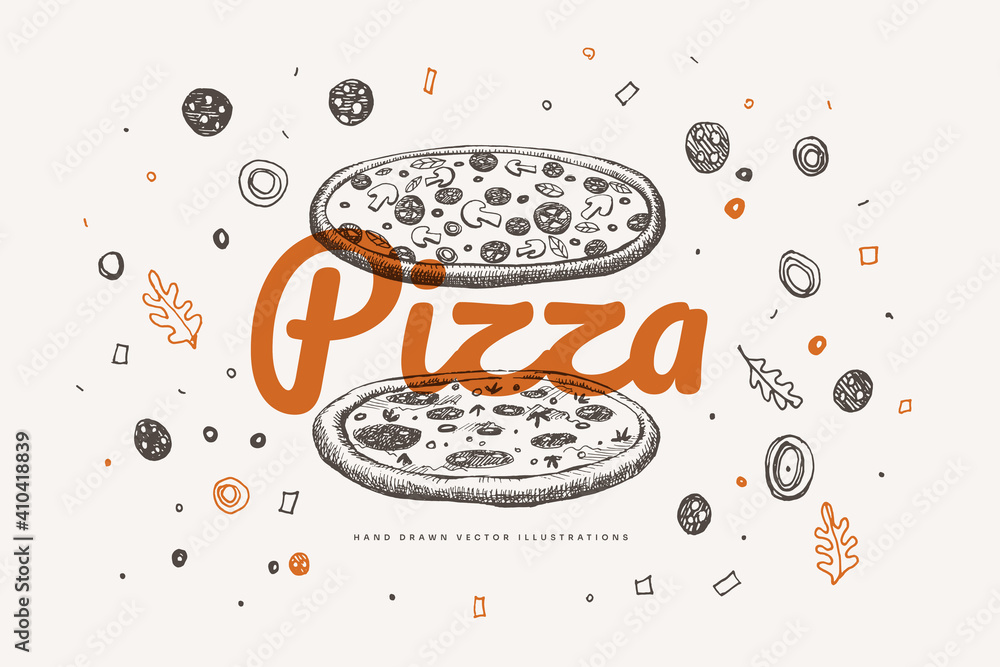 Hand-drawn two whole pizzas with flying ingredients. Delicious cheese ...