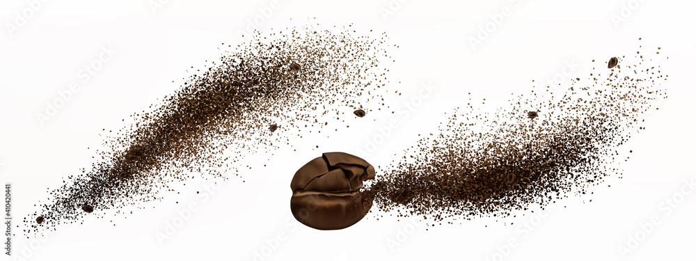 Coffee explosion, realistic cracked bean and ground powder burst with ...