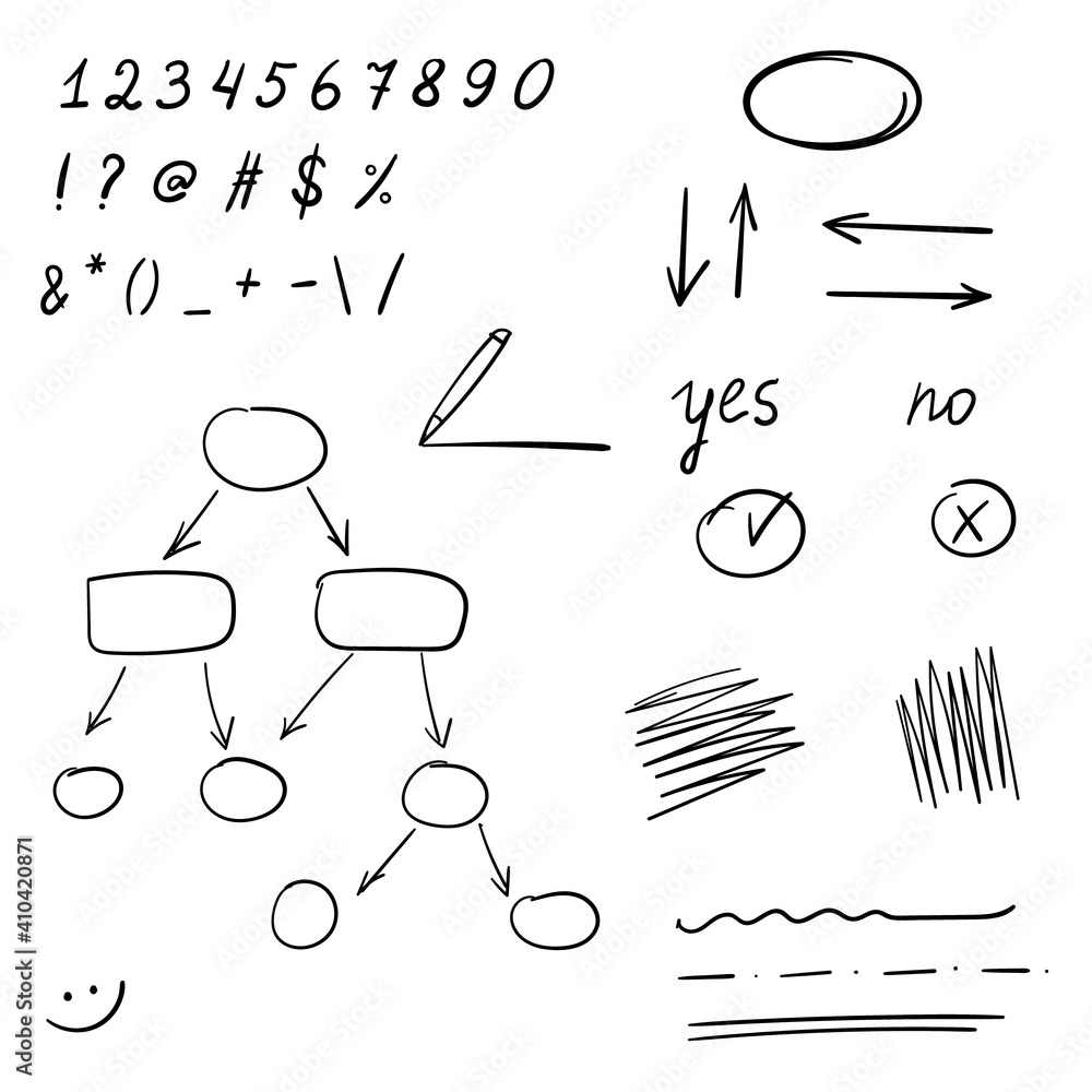 Set of graphic hand-drawn numbers and elements. Schemes, underlines ...