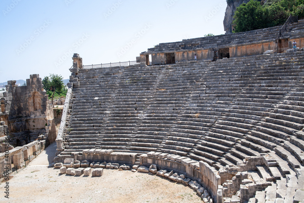 Ancient amphitheater with stone steps in Myra, Turkey Stock Photo ...
