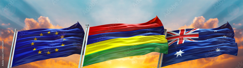 European Union Flag and Australia flag and Mauritius Flag waving with ...