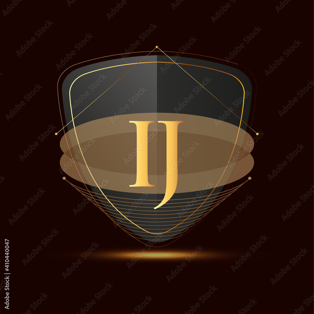 Initial logo letter IJ with shield Icon golden color isolated on dark ...