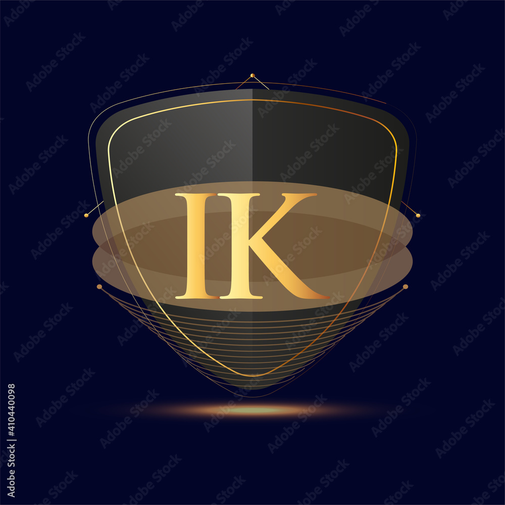Initial logo letter IK with shield Icon golden color isolated on dark ...