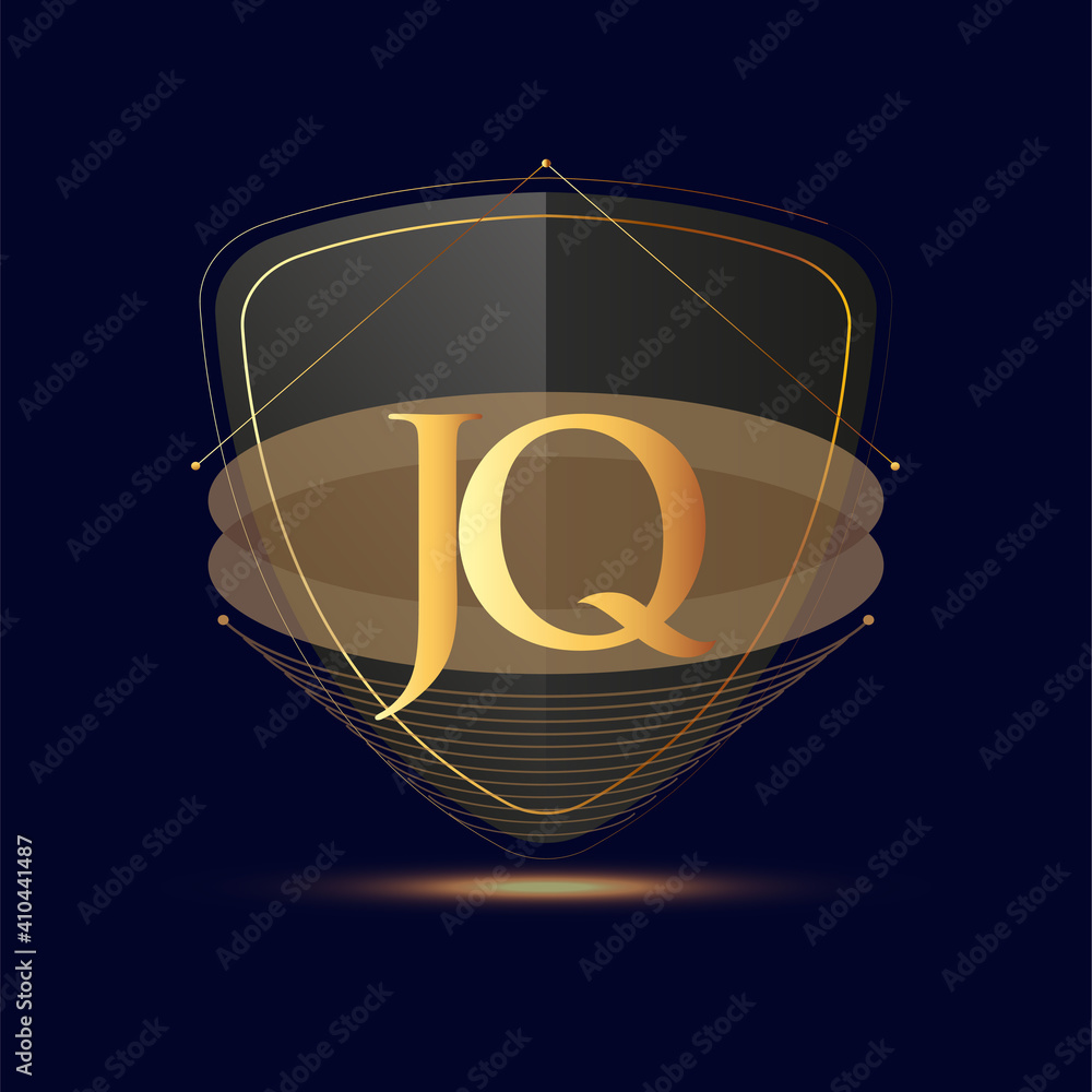 Initial logo letter JQ with shield Icon golden color isolated on dark ...