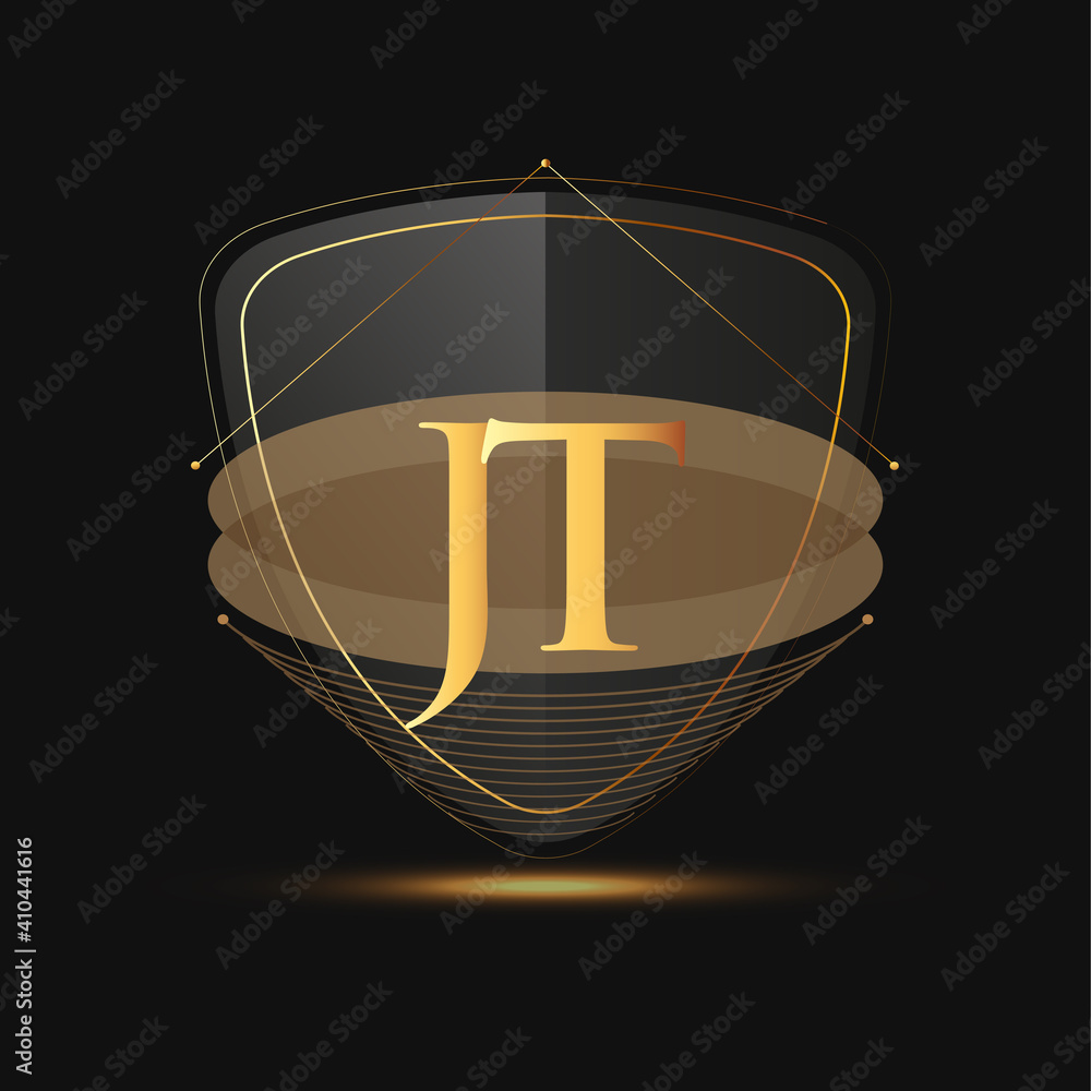 Initial logo letter JT with shield Icon golden color isolated on dark ...