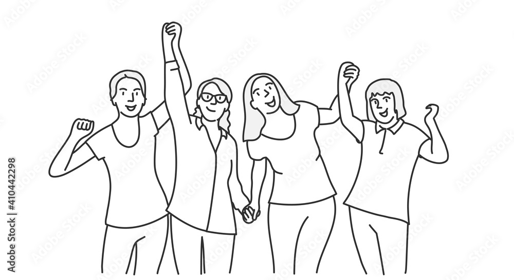 Happy women holding hands. Hand drawn vector illustration. Stock Vector ...