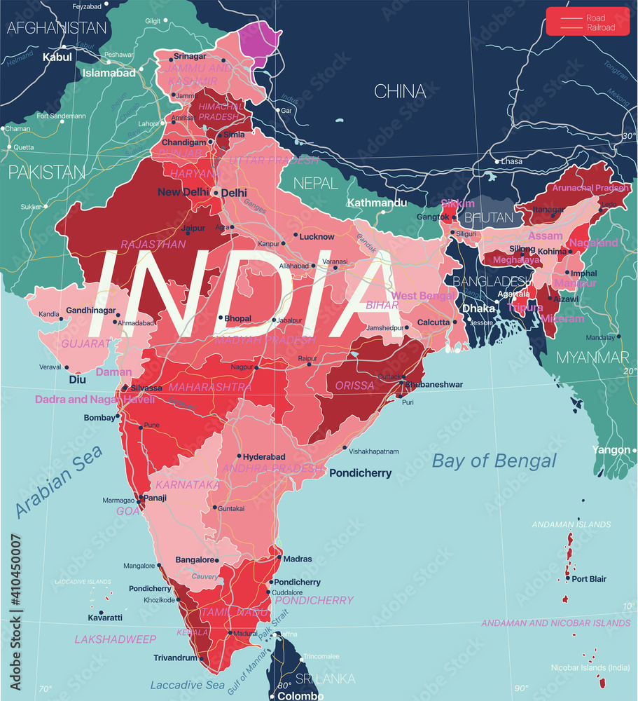 India country detailed editable map with regions cities and towns ...