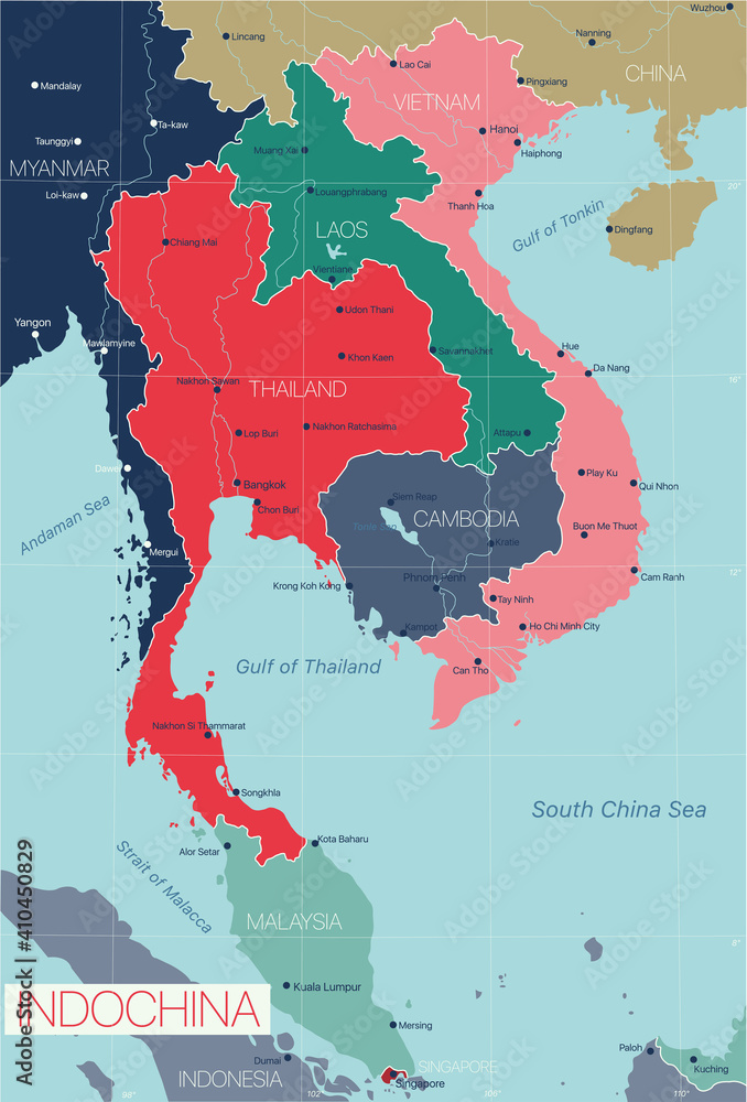 Indochina detailed editable map with countries cities and towns. Vector EPS-10 file Stock Vector ...