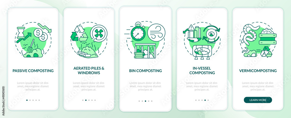 Decomposition onboarding mobile app page screen with concepts. Passive, bin, in-vessel ...