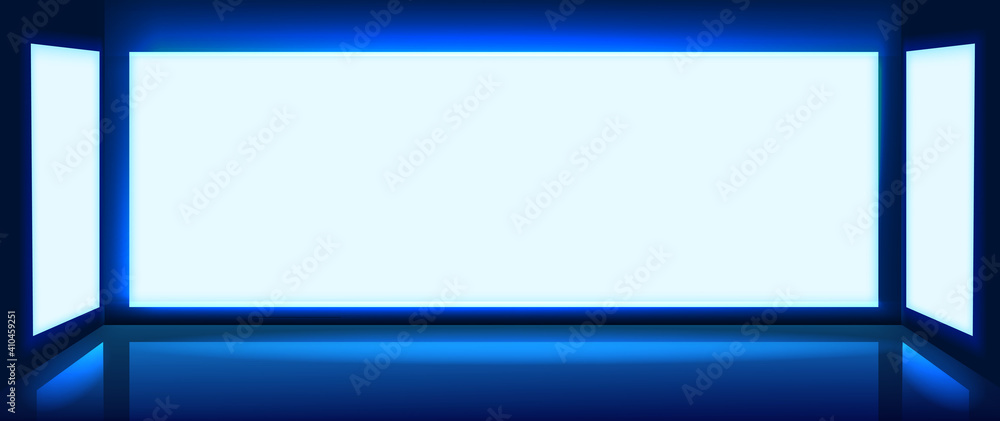 White lightbox screen with neon light on wall. Modern night backgtound ...
