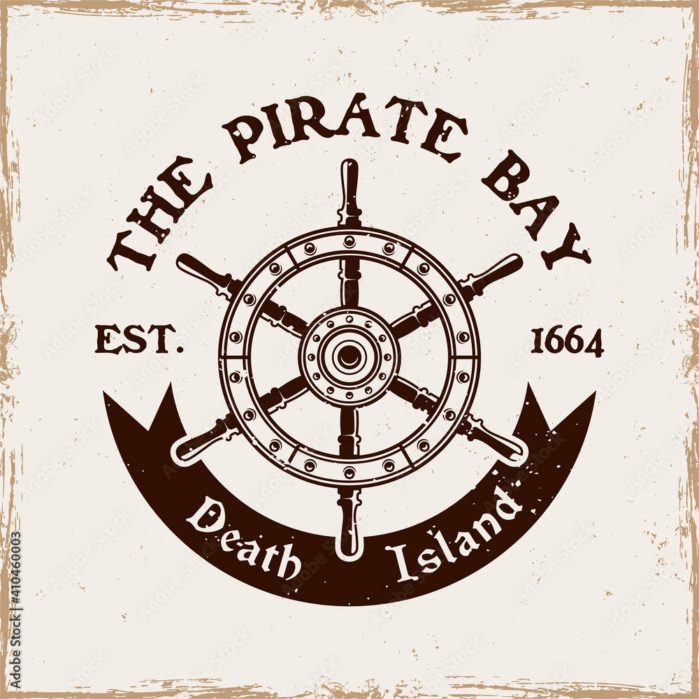 Rudder wheel vector pirate emblem in vintage style isolated on ...
