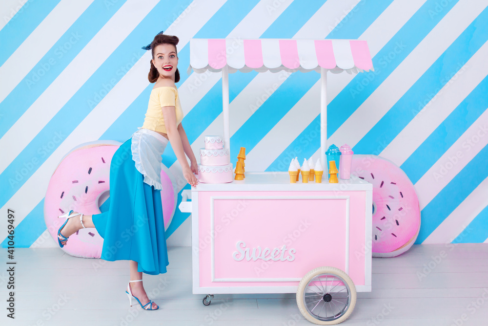 Sexy surprised woman with ice-cream. Colorful background in pop art ...