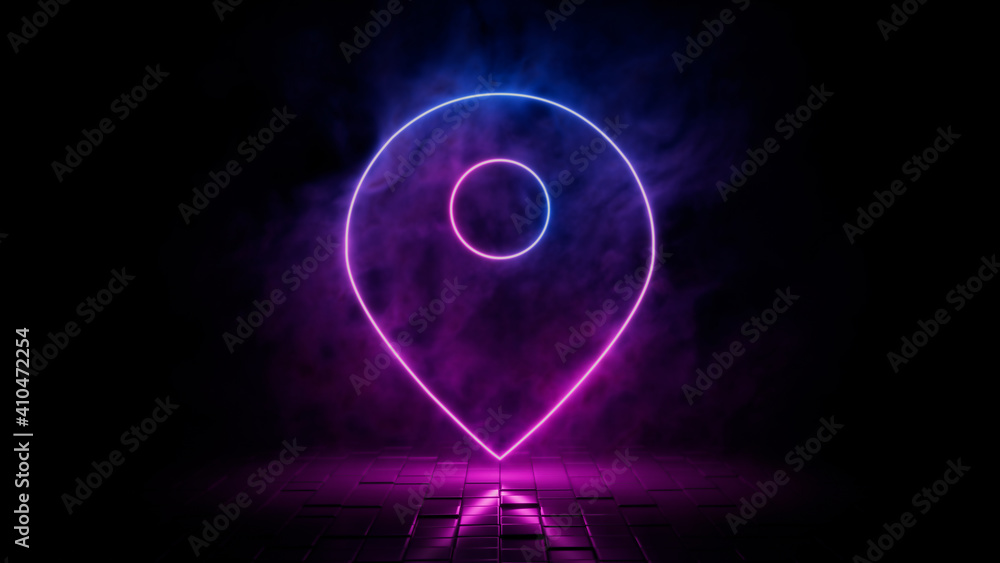 Pink and blue neon light map pin icon. Vibrant colored location ...