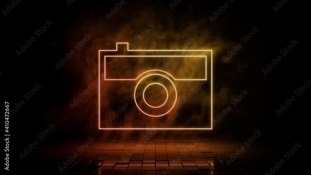Orange and yellow neon light camera icon. Vibrant colored technology ...