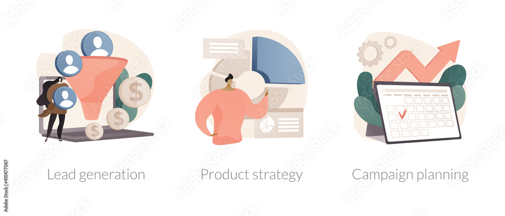 Sales strategy abstract concept vector illustration set. Generating new ...