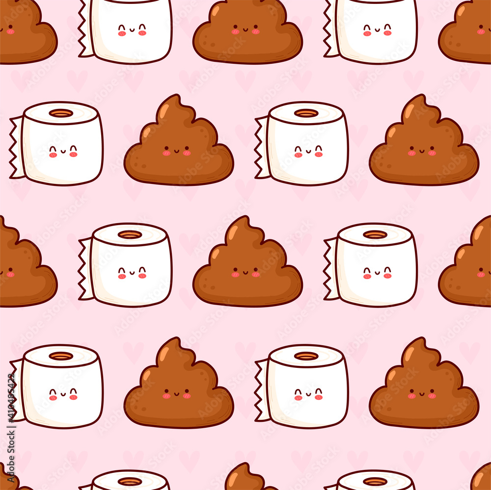 Cute funny poop and toilet paper seamless pattern. Vector flat cartoon ...