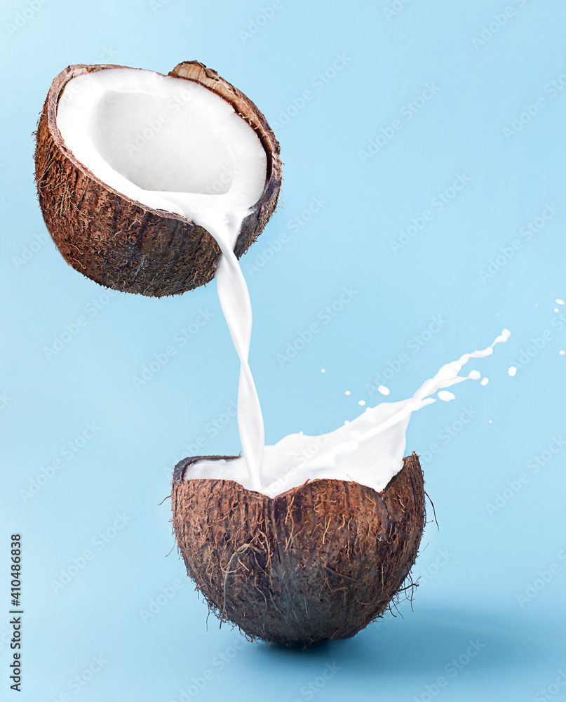 milk pouring from coconut into coconut with splash on blue background ...