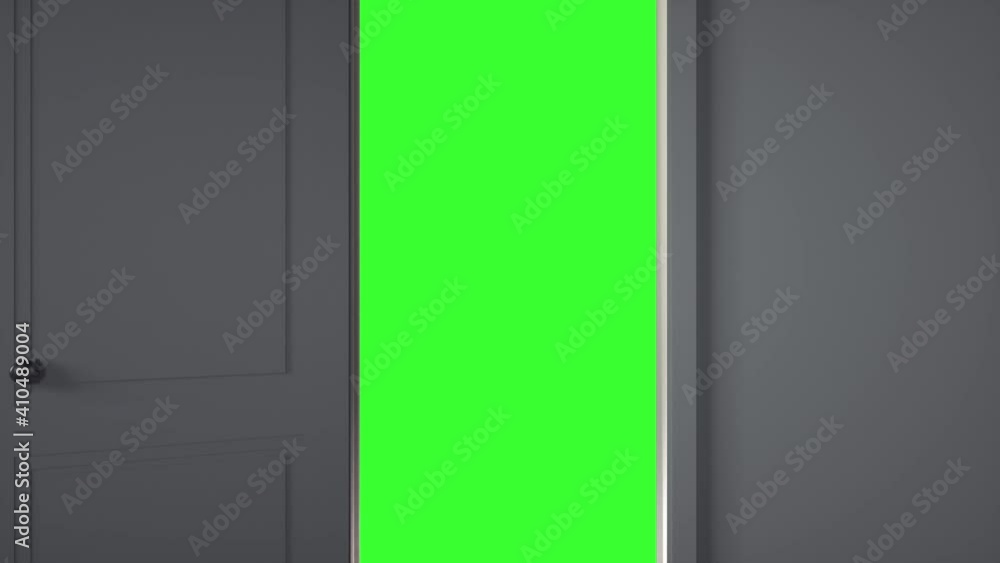 White classic design door opening to green screen, chroma key vídeo do ...