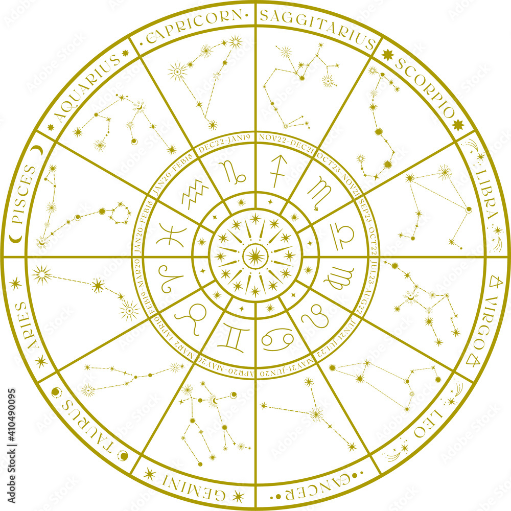 Celestial gold Zodiac circle. 12 Astrology Zodiac Symbols and ...