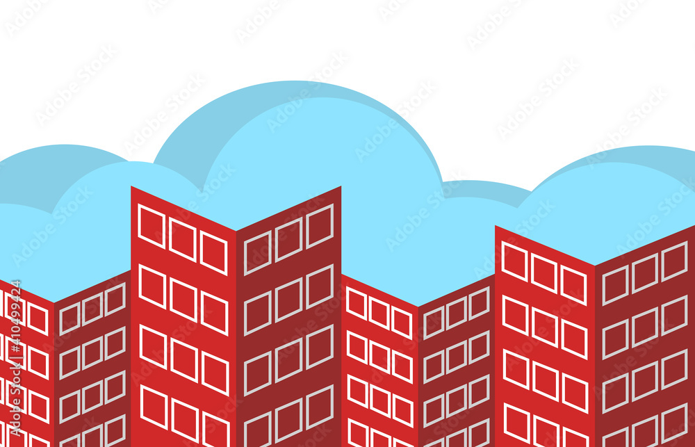 Illustration with multi-storey buildings and clouds. Two-dimensional ...