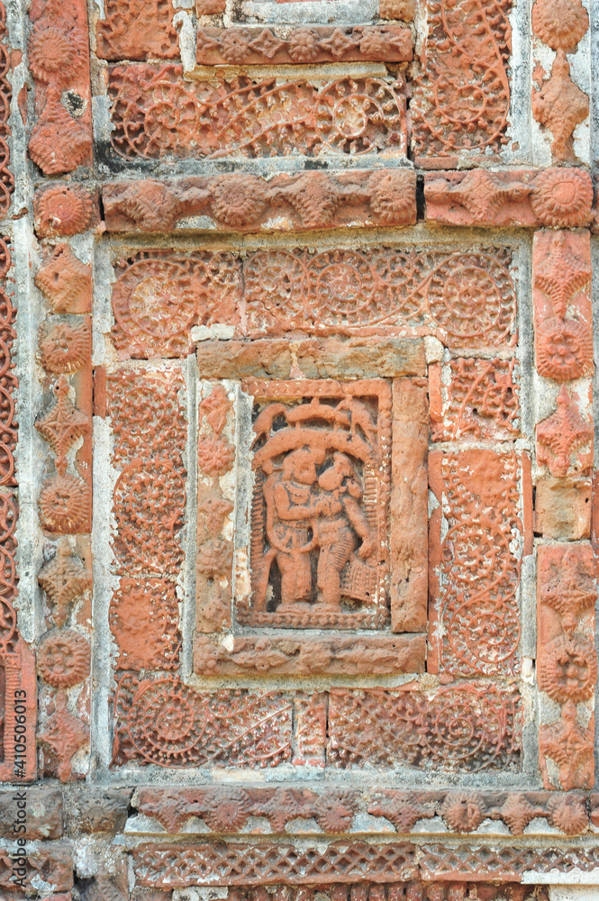Design of terracotta tiles on the wall of the temple; Bishnupur ...