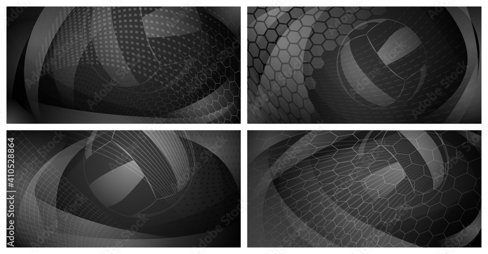 Set of four volleyball backgrounds with big ball in black and gray ...