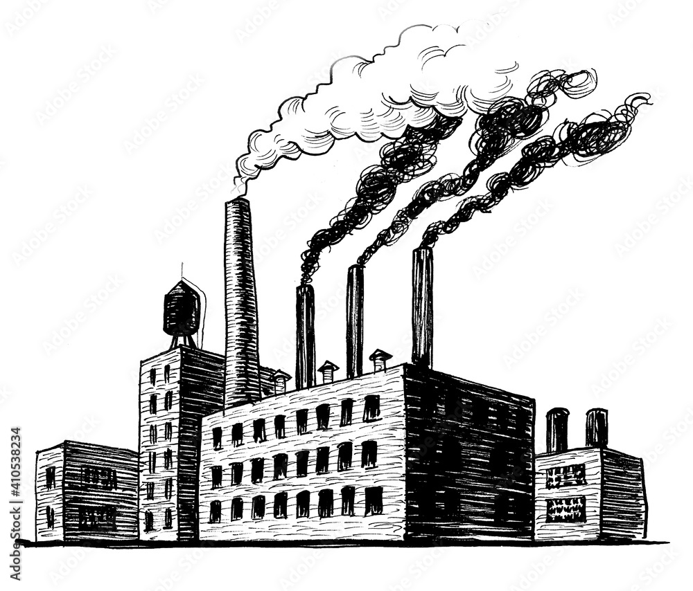 Old industrial factory. Ink black and white drawing ilustração do Stock ...
