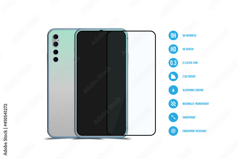 Screen Protector Glass with Mock-up of realistic Smartphones. Front ...