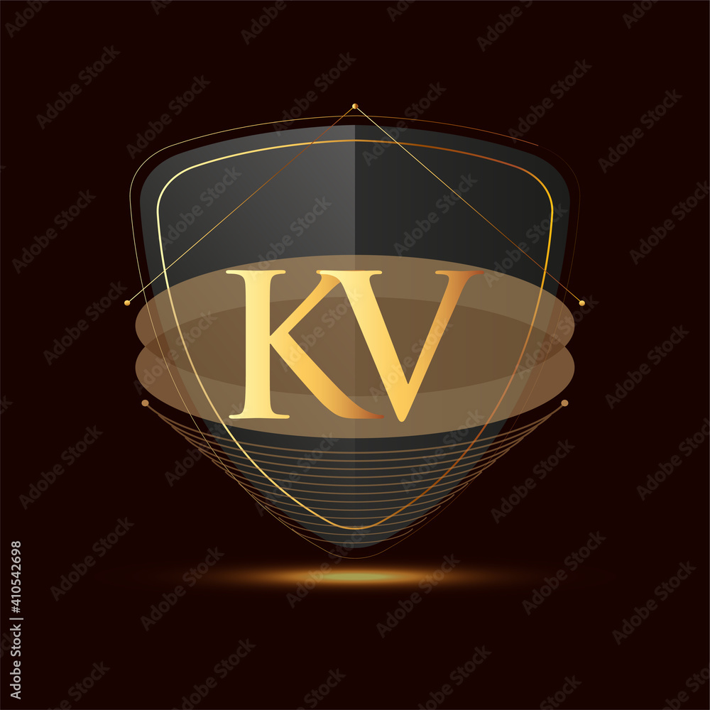 Initial logo letter KV with shield Icon golden color isolated on dark ...