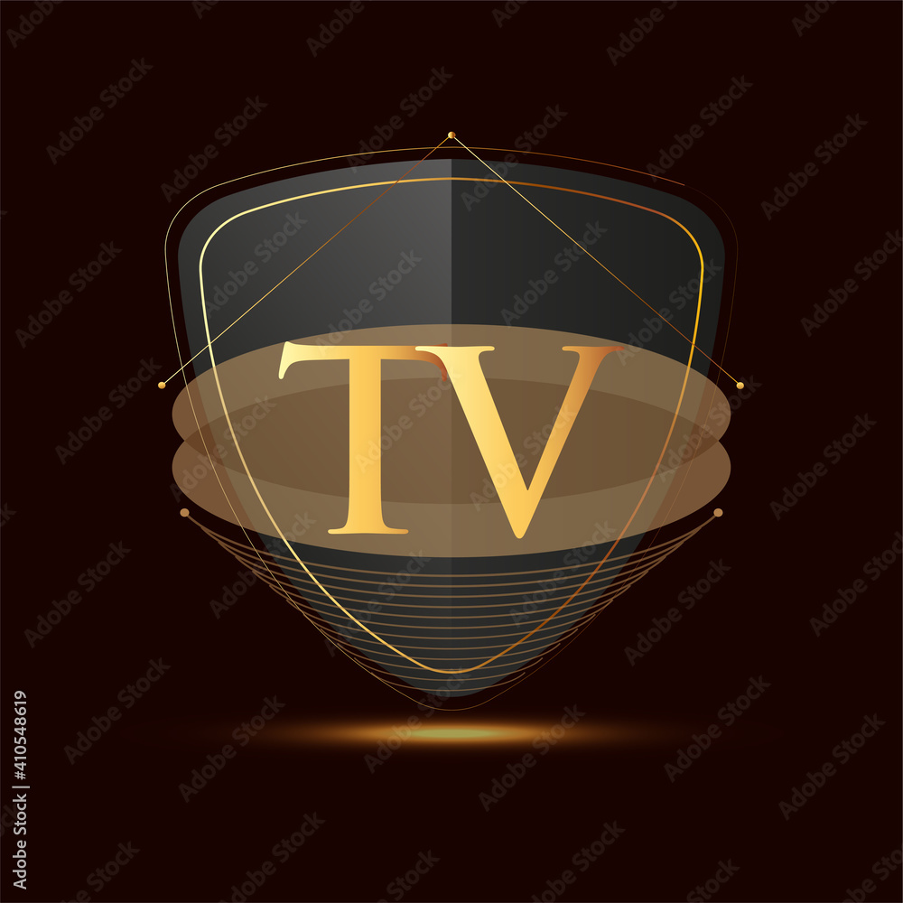 Initial logo letter TV with shield Icon golden color isolated on dark ...