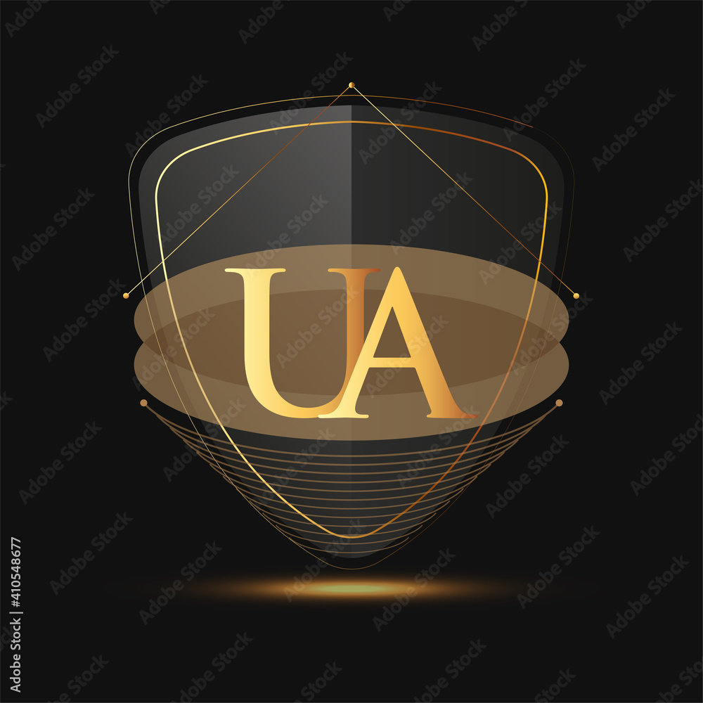 Initial logo letter UA with shield Icon golden color isolated on dark ...