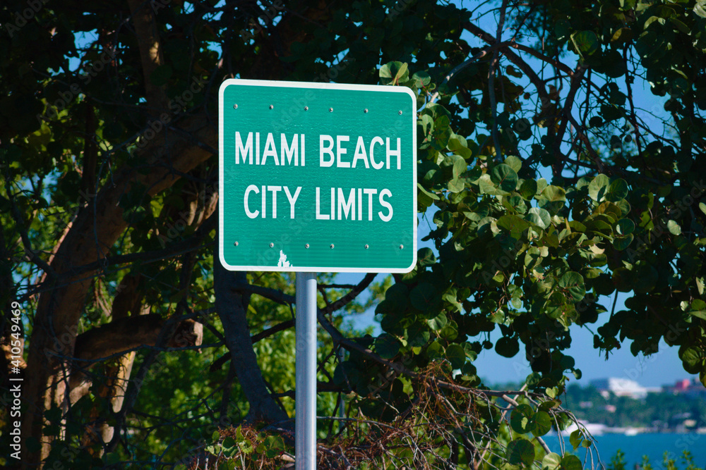 Green Miami Beach city limits traffic entrance text sign driving on ...
