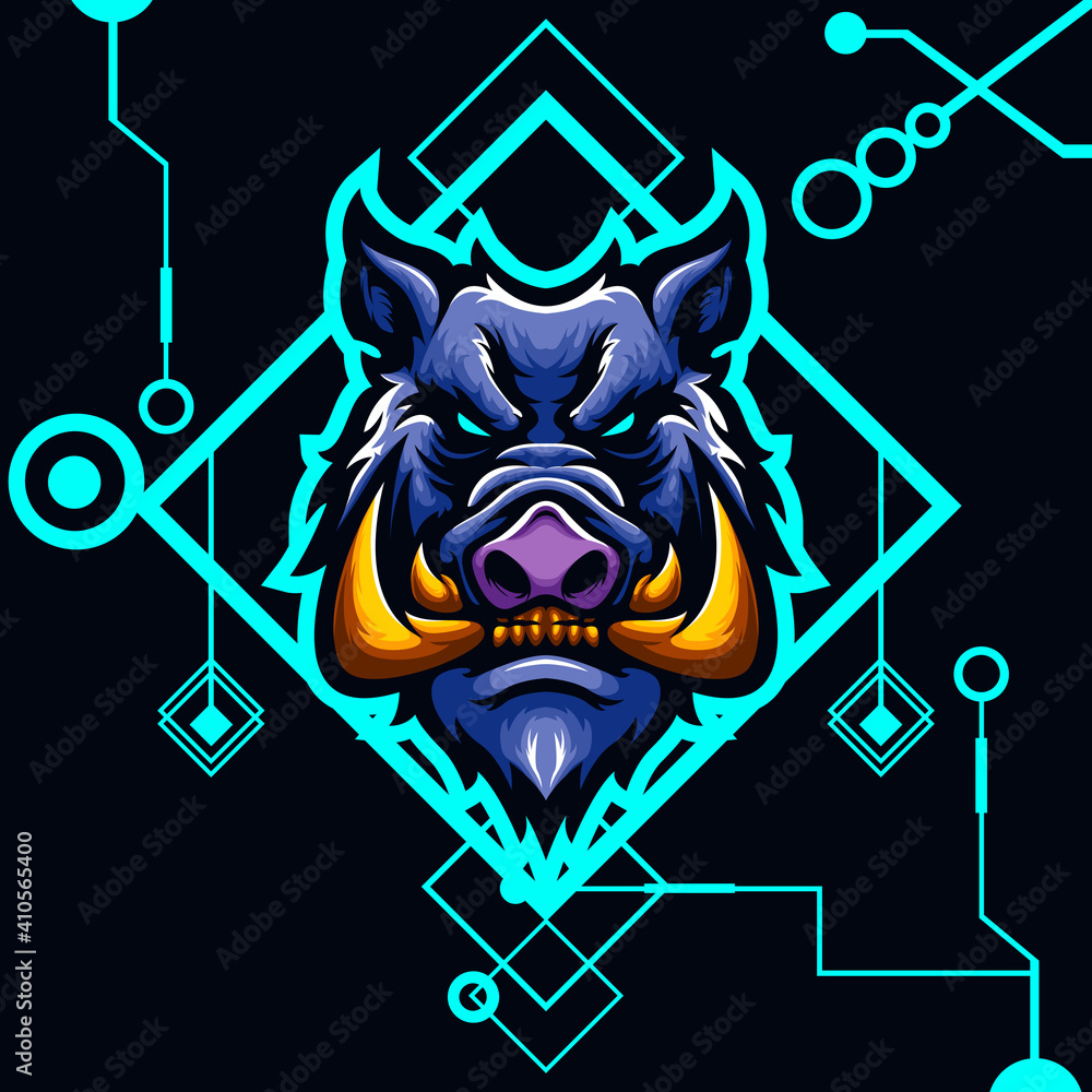 logo esport pig angry expression with blue ornament. logo vector ...