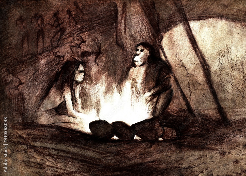 prehistoric people in a cave near the fire, Australopithecus ...