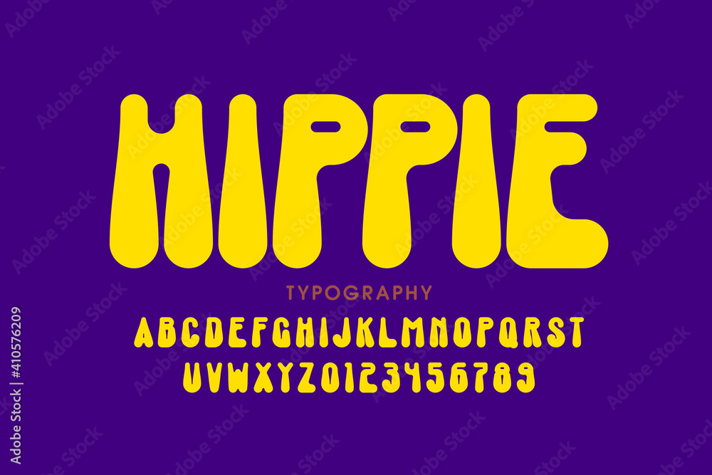 Hippie style font design, 1960s alphabet letters and numbers Stock ...