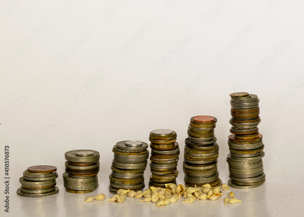 metal coins of different shapes, countries and values, seeds in the ...