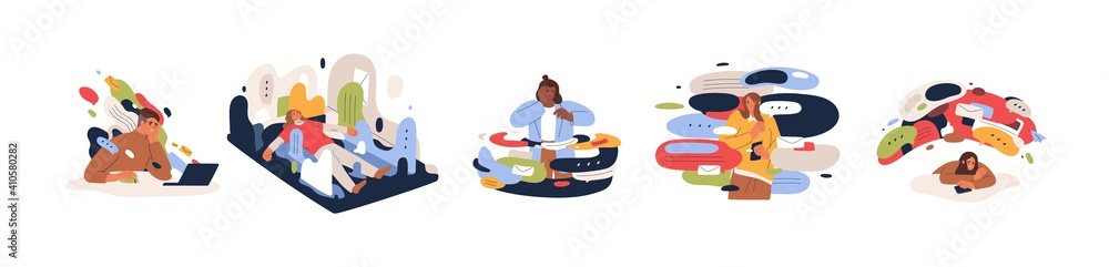 Set of stressed and overwhelmed people overloaded with news and ...