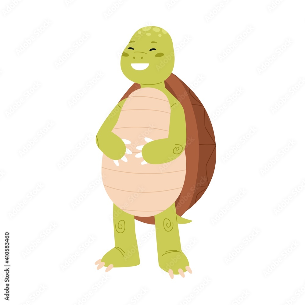 Cute and happy green turtle laughing and holding stomach. Funny ...