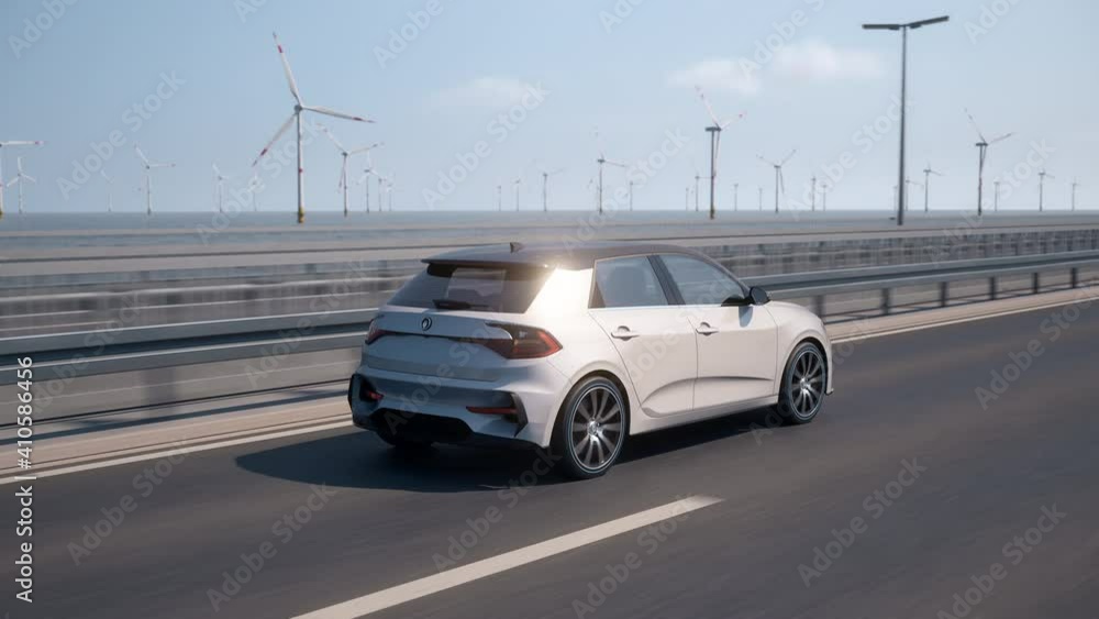 Self driving autonomous electric car driving along a bridge or coastal ...
