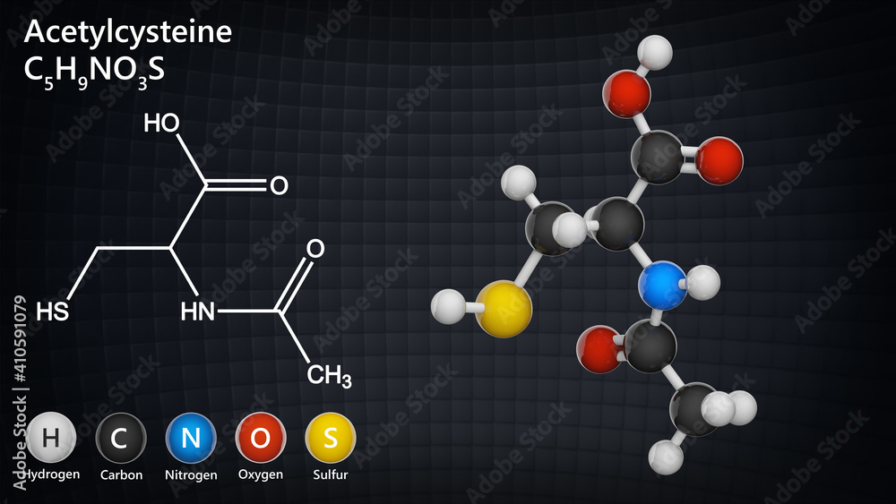 Molecular structure of Acetylcysteine(also known as N-acetylcysteine or ...